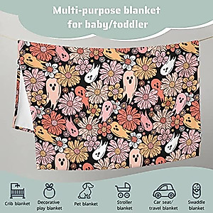 HawSkgFub Halloween Pink Floral Ghost Baby Blanket for Girls Gift Black, Fall Holiday Flower Flannel Fleece Nursery Bed Blankets, Soft Lightweight Newborn Infant Toddler Kids Crib Bedding 30 x 40