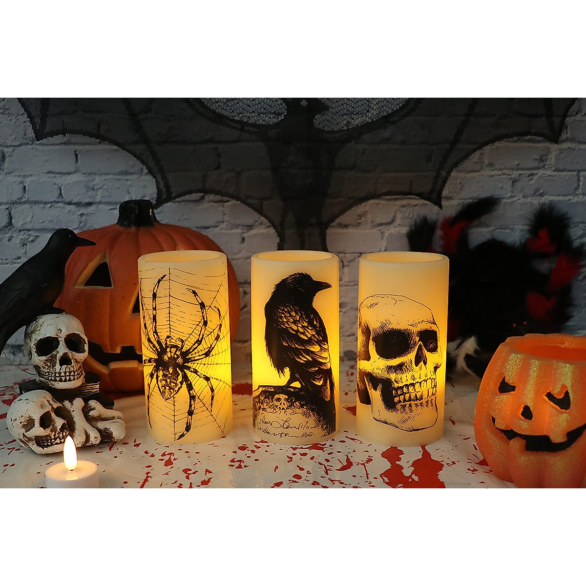 Eldnacele Halloween Flickering Candles with Skull, Spider Web, Crow Raven Decals Set of 3, Battery Operated Halloween Themed LED Candles Horror Spooky Decoration