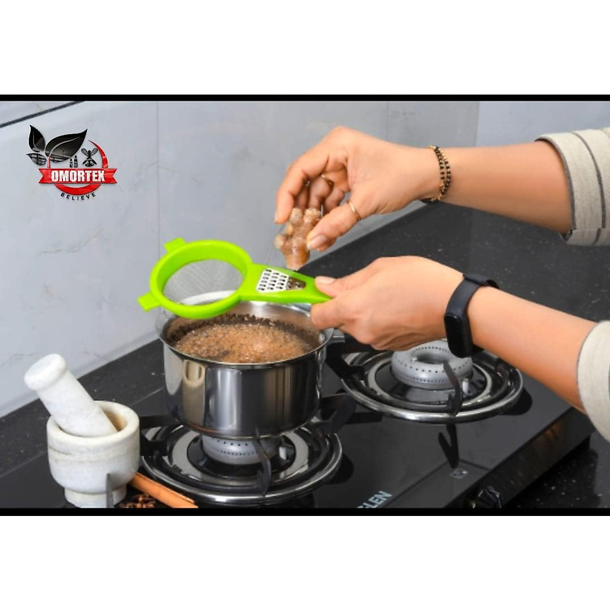 OMORTEX Maharaja Combo Of Manual Hand Blender, Whisk, Stainless Steel Masher, Spatula With Brush & 2 in 1 Strainer-Greater (Pack Of 6)