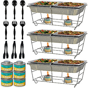 3-Pack Disposable Chafing Dish Buffet Set + Fuel + Serving Utensils - Full Size Buffet Warmers with 6 Half Size Food Pans, 4 Hour Fuel Cans, 9 Serving Utensils, Frame, for Catering and Parties