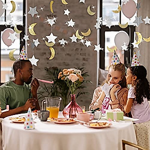 Cute Small Gold Silver Star Moon Garlands Glitter Twinkle Star Garlands Streamer for Kids Birthday/Bday Party Baby Shower Wedding Anniversary Engagement Graduation Gold Silver Party Decorations