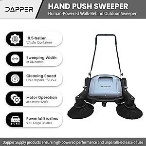 Dapper Supply Walk-Behind Outdoor Hand Push Floor Sweeper - 10.5 Gallon Capacity - 36" Sweeping Width - Sweeps up to 39,500 ft² / Hour, Grey