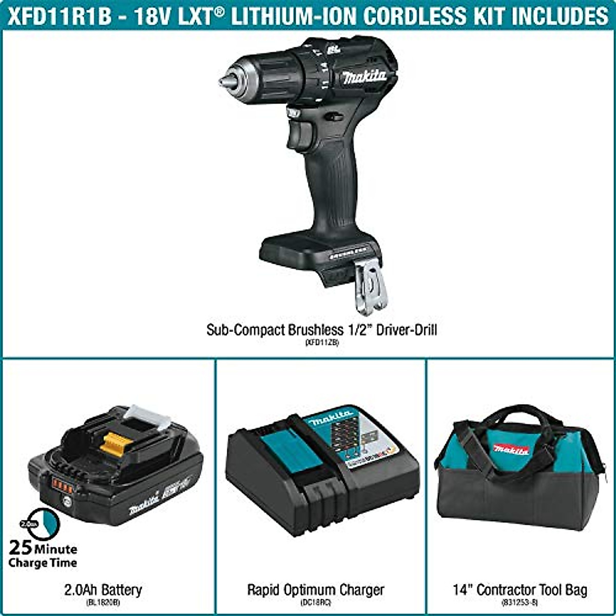 Makita XFD11R1B 18V LXT Lithium-Ion Sub-Compact Brushless Cordless 1/2" Driver-Drill Kit (2.0Ah)
