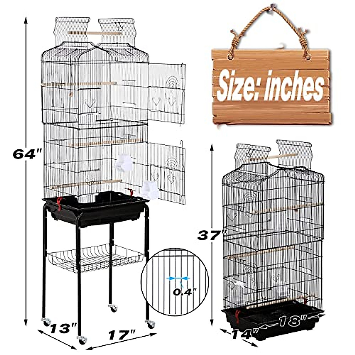 HCY Bird Cage Parakeet 64 inch Open Top Standing Parrot Accessories with Rolling Stand for Medium Small Cockatiel Canary Conure Finches Budgie Lovebirds Pet Storage Shelf, Black, 64x13x17 (Pack of 1)