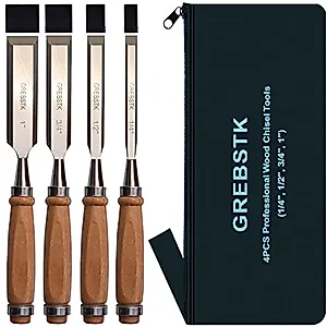 GREBSTK 4PCS Professional Wood Chisel Tool Sets Sturdy Chrome Vanadium Steel Chisel, 1/4 inch,1/2 inch,3/4 inch,1 inch (Oxford Bag)