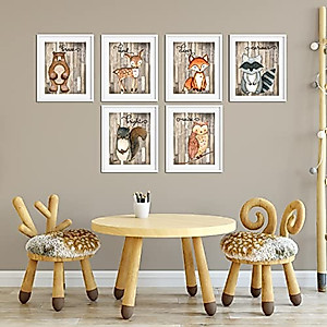 Woodland Nursery Decor for Boys - Animal Pictures Wall Art - Baby Room Animal Prints on Shiplap Background - Bear Deer Fox Raccoon Owl Squirrel Decor - Set of 6 PRINTS - 8x10 - UNFRAMED