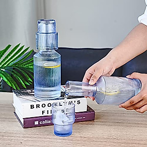 Bedside Water Carafe and Glass Set, Blue Night Water Pitcher with Glass Cup for Nightstand, Modern Mouthwash Dispenser with Tumbler Lid for Keeps Water Clean in Bedroom, Bathroom, or Kitchen