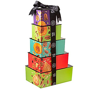 Dried Fruits & Nuts Tower with Black Ribbon Gift Basket, 5 Tier Gourmet Arrangement Platter, Healthy Kosher Snack Box for Birthday, Anniversary, Care Package for Men, Women, Adults - Oh! Nuts