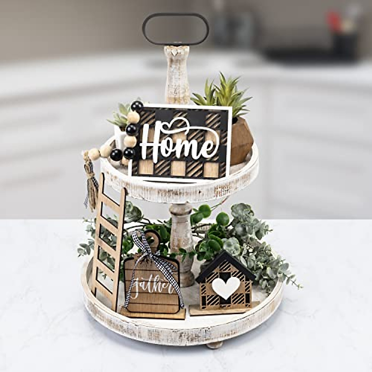 Farmhouse Tiered Tray Decor Items Set of 5 | Tiered Serving Decorative Tray | Rustic Farmhouse Decor | Wood Trays Home Decor | Farmhouse Kitchen Decor - Home [No Tray Included]