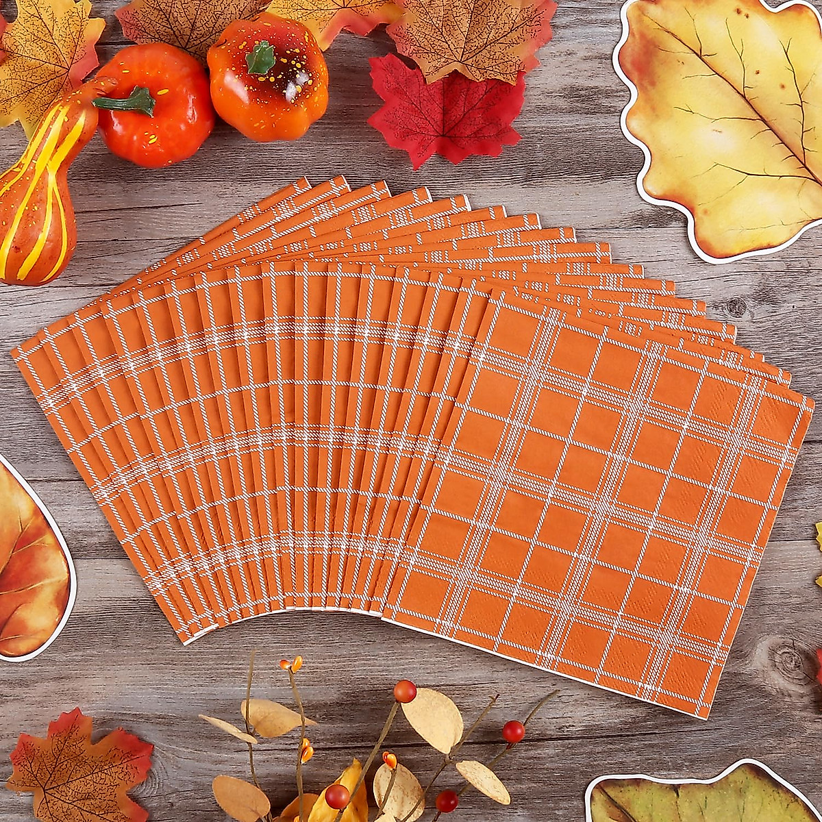 ​Quera 50 Pack Fall Buffalo Plaid Paper Napkins Orange Autumn Cocktail Napkins Tartan Check Scottish Square Disposable Bar Napkins for Thanksgiving Party, Baby Shower, Celebration Party