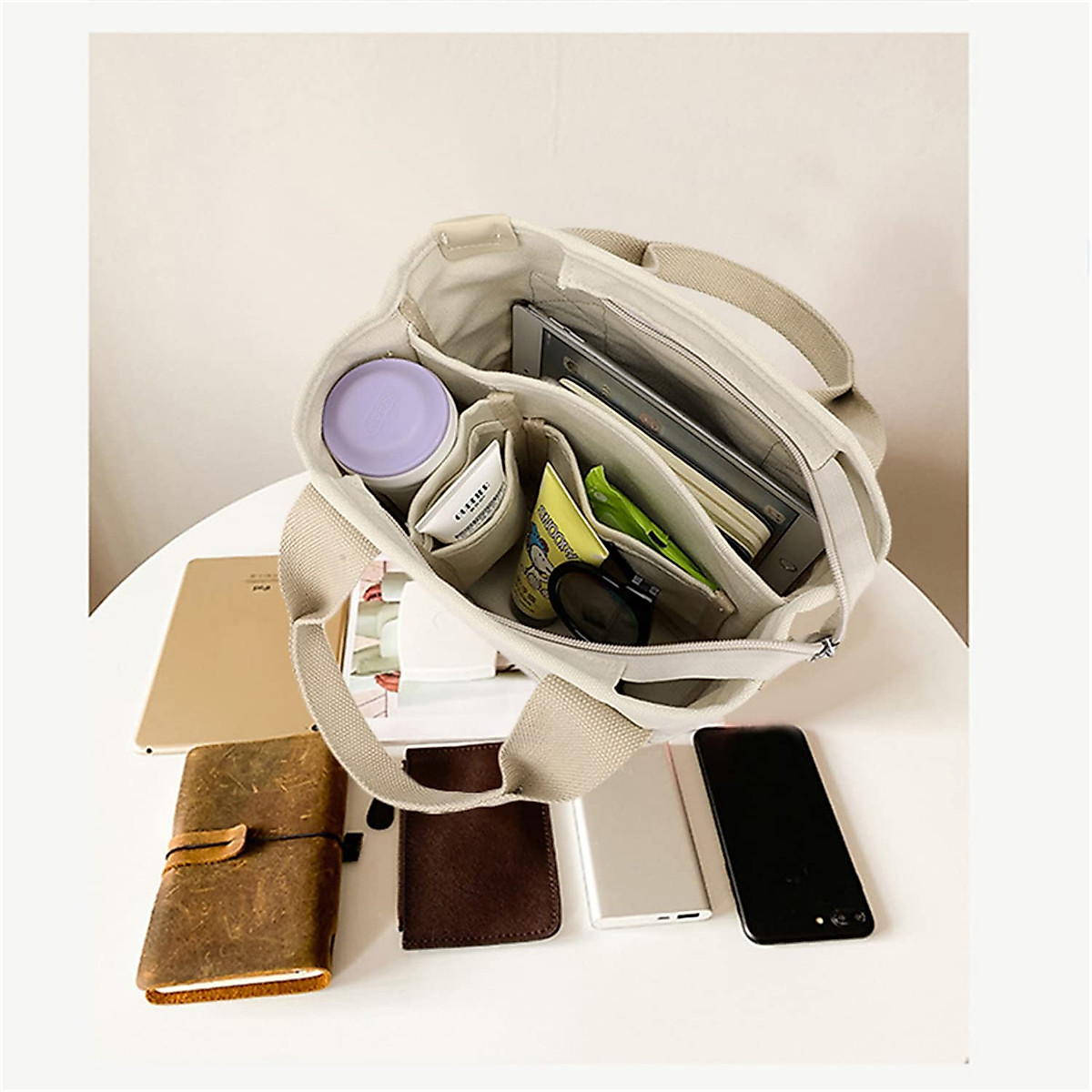 Large Capacity Multi-Pocket Handbag Japanese Handmade Tote Bag with Zipper Tote Purses Crossbody Bag Canvas Handbag for Women (A-Khaki)