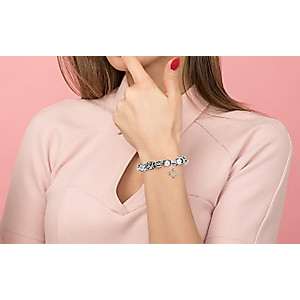 Savlano Silver Tone Heart Charm Bracelet with Crystal and Murano Glass Beads Snake Chain for Women Comes in a Gift Box