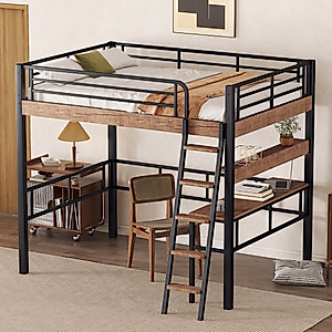 PRNDOLE Full Size Metal Loft Bed with Built-in Desk,Storage Shelf and Ladder for Adults Kids Teens,Black