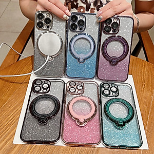 Misscase Magnetic Glitter for iPhone 14 Pro Max Case Compatible with MagSafe,Full Protection Slim Rotatable Ring Holder Kickstand Shockproof Anti-Scratch Case with Camera Lens Protector Pink