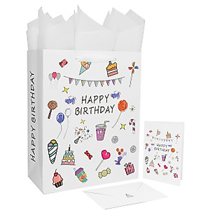 13" Large White Gift Bag Set with Greeting Card and Tissue Papers (Cake and Ice Cream) for Boys, Girls or Kids Birthday Party, Baby Shower