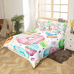Homewish Food Duvet Cover Set Twin Size,Donut Ice Cream Candy Bedding Set 2pcs for Kids Teens Boys Girls Room Decor, Dessert Theme Comforter Cover Watercolor Quilt Cover with 1 Pillowcase