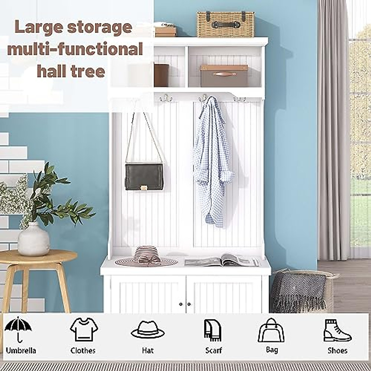 HomSof Hall Tree with Storage Shoe Bench for Entryway and Hallway,4-in-1 Design Coat Racks with 4 Hooks for Living Room,White