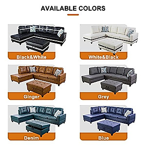 GEBADOL 103" Wide Sectional Living Room Furniture Set L-Shape Sofa Chaise and Storage Ottoman 3 Pieces Faux Leather Couch Set (White&Black/Left-Hand Facing)