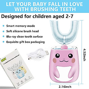 Kids U Shape Electric Toothbrushes Ultrasonic Whole Mouth Auto Toothbrush with 6 Cleaning Modes 2 Brush Heads Brushing Timer Lights IPX7 Waterproof Rechargeable Cartoon Design for Ages 2-6