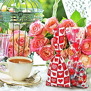 100 Pieces Valentines Day Cellophane Treat Bags Heart Cello Gift Bags Love Candy Goodies Cookie Bags with 200 Pieces Twist Ties for Wedding Holiday Valentine Party Favors Supplies