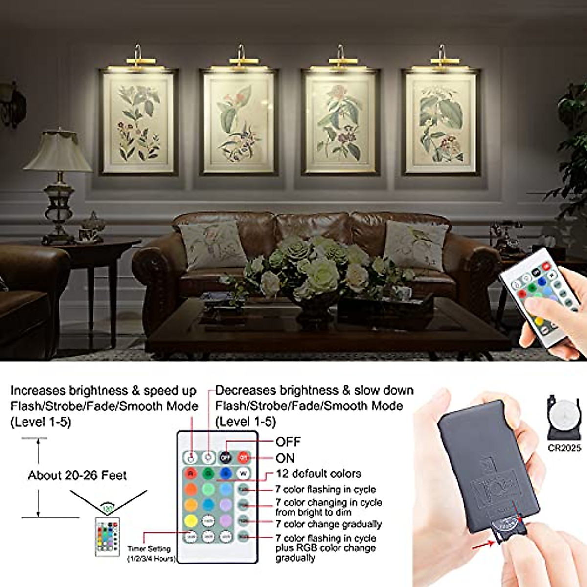 HONGUT Wireless Painting Lights with Remote, Rechargeable Picture Light，28 LEDs Rotatable Light Head with 12 Color Changing, Dimmable Display Light with Timer for Frame, Portrait, Art, Dartboard-Gold