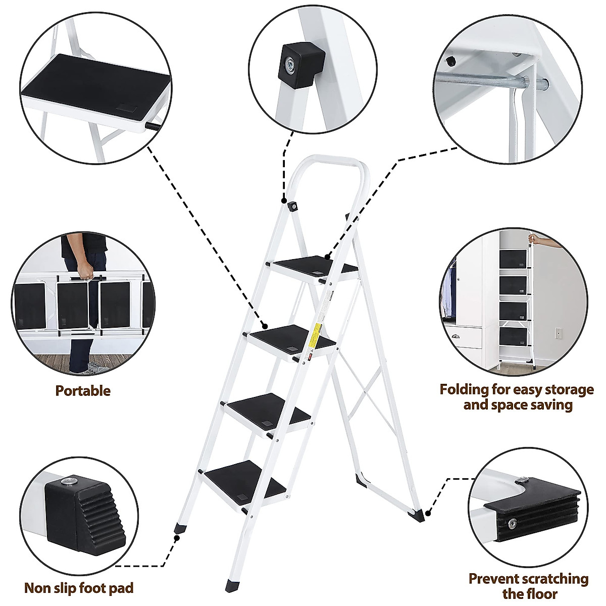 Smartxchoices 4 Step Ladder, Folding Step Stool with Handgrip Wide Anti-Slip Platform, Lightweight Steel Ladder,Portable Steel Step Stool for Kitchen Shop Household Office Business Closet,350 lbs
