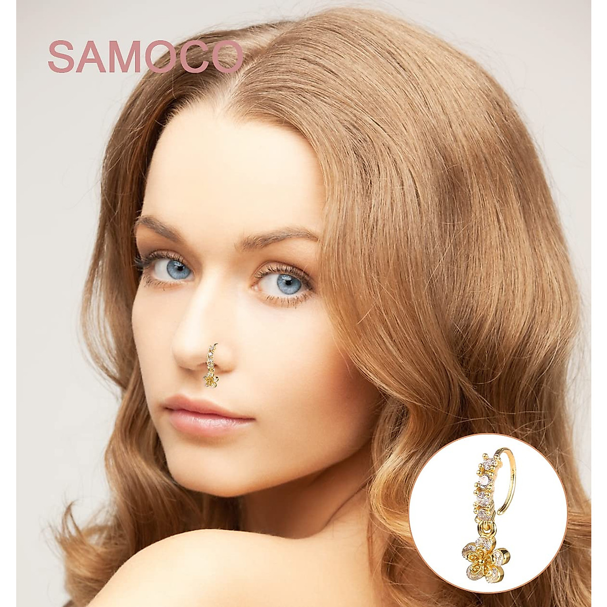 SAMOCO 20Pcs 20G Dangle Nose Ring L Shaped Dangling Stud for Women, CZ Flower Stainless Steel Studs Hoops Nose Piercing Jewelry(Gold)