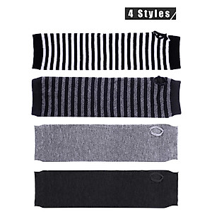 Bememo 4 Pairs Punk Gothic Long Fingerless Gloves Knitted Arm Warmer Elbow Length Gloves Thumb Hole Gloves (Dark Grey, Light Grey, Striped Color)