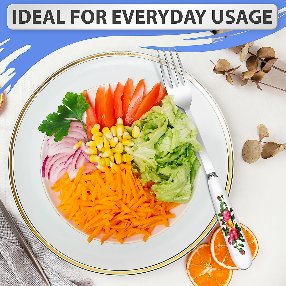 12Pcs Stainless Steel Forks Silverware Set - Reusable Silverware Dinner Forks for Restaurant Ceramic Long Handle Fork Cutlery Set - Dessert Forks and Spoons for Home Kitchen Silverware Forks Set