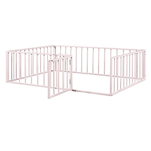 Merax Full Size Metal Floor Bed Frame with Safety Guardrails Fence and Door for Boys,Girls,Teens,Pink
