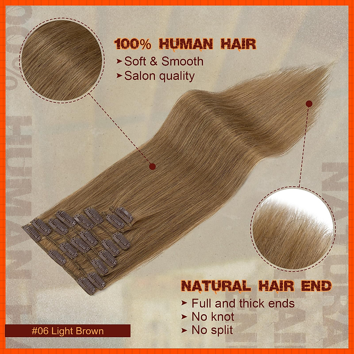 Benehair Clip in Hair Extensions Real Human Hair Light Brown Hair Extensions Clip in Human Hair Long Straight Remy Natural Full Head 8pcs Real Hair Extensions for Women 18inch #6 Light Brown