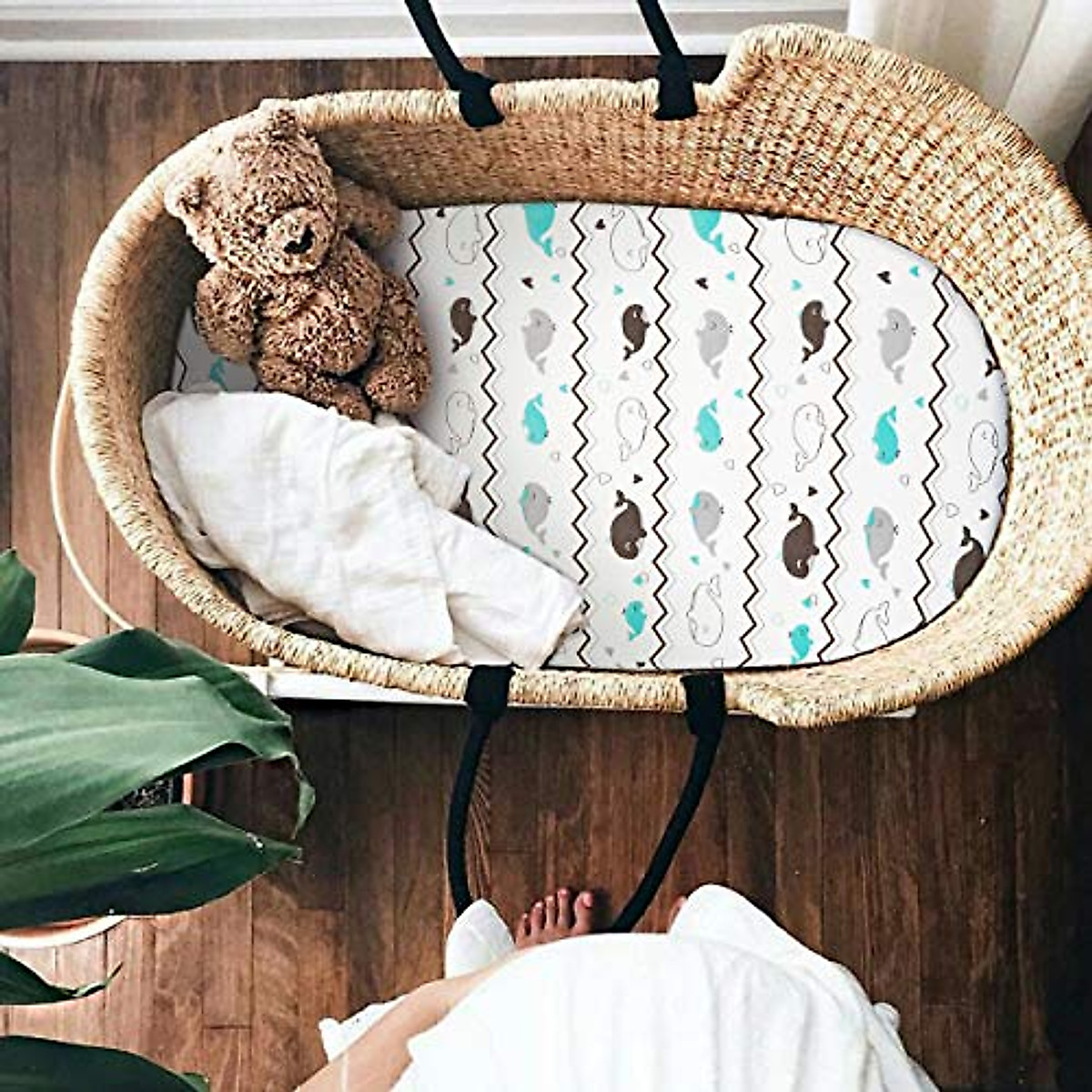Stretch Fitted Bassinet Sheet Set BROLEX 2 Pack Cradle Sheets for Bassinet Pad/Mattress,Unisex Boys Girls,Ultra Soft,Elephant & Whale