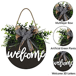 POETIC WREATH Welcome Sign Welcome Front Door Round Wood Sign Hanging Welcome Sign for Farmhouse porch Spring Welcome Sign Front Door Decoration （Blackboard welcome）