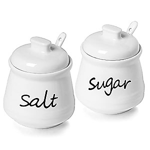 ONTUBE 12oz Sugar and Salt Bowls with Lid and Spoon, Ceramics Condiment Pots,Seasoning Jar Spice Container for Kitchen,Dishwasher Safe (White)