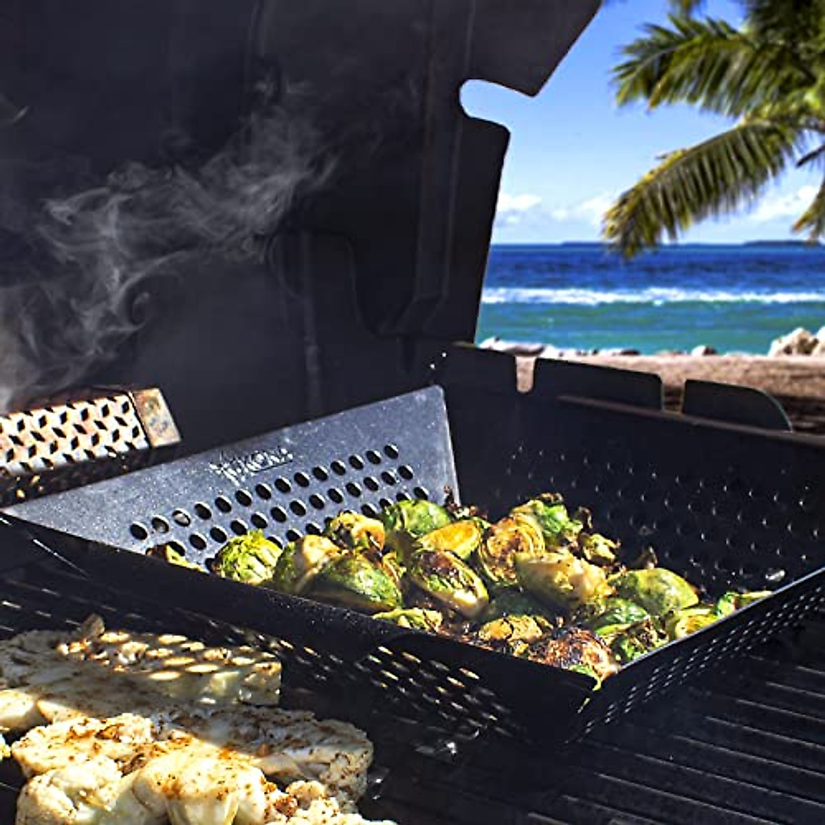 Kona Best Vegetable Grill Basket - Safe/Clean Porcelain Enameled BBQ Grilling Basket (Large 12x12x3 inches) for Veggies, Kabobs, Seafood, Meats