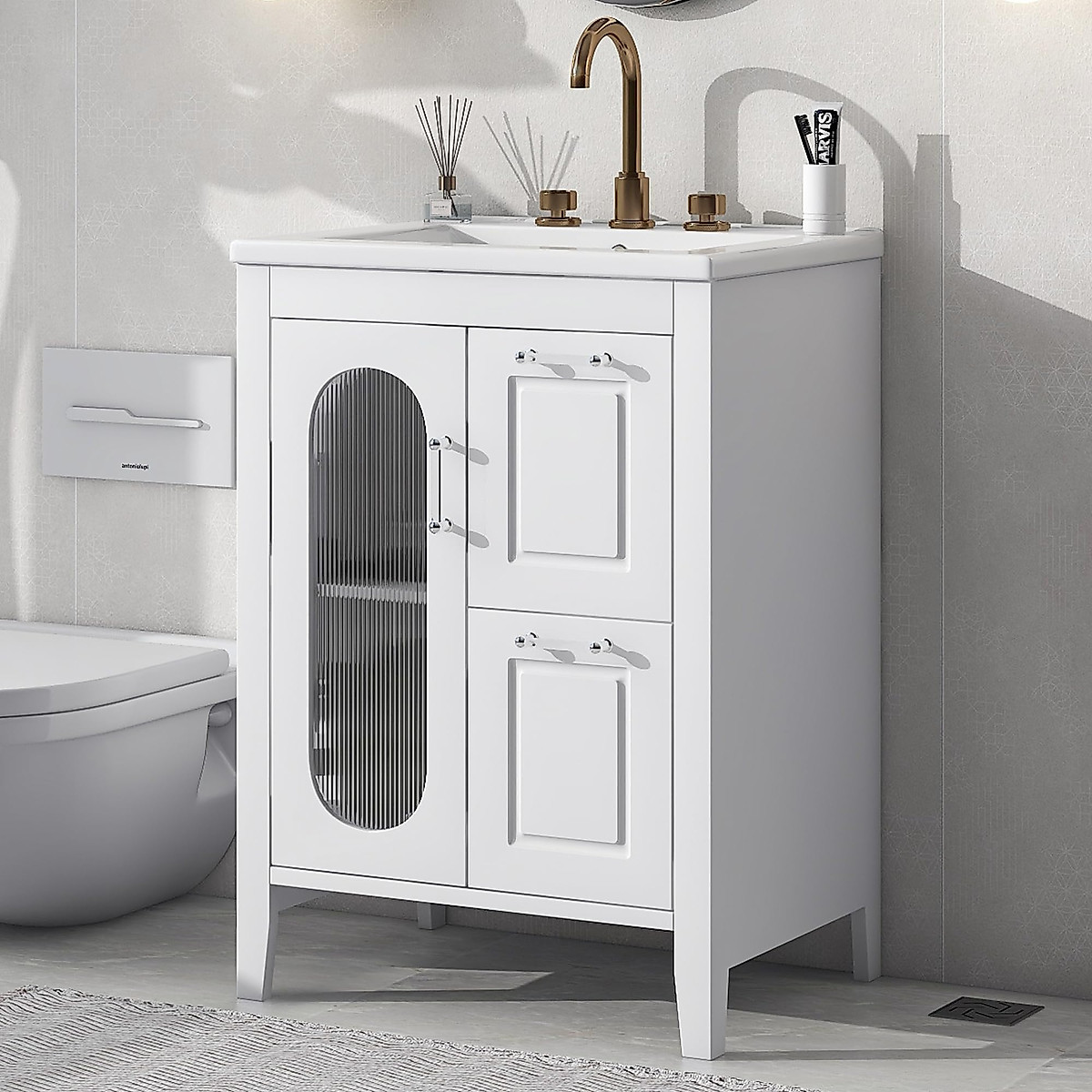 CuisinSmart White Bathroom Vanity 24 Inch with Top and Sink,Modern Single Sink Vanity Cabinet with 2 Drawers and Glass Door,Free Standing Bathroom Vanities Without Faucet 18.3" D x 24" W x 33.2" H
