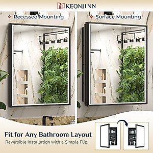 Keonjinn 21" x 27" Black Bathroom Medicine Cabinets with Mirror, Recessed or Surface Wall-Mounted Aluminum Alloy Metal Framed Beveled Mirror, Single Door Farmhouse Bathroom Mirror with Storage Cabinet