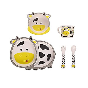 Fekdod Kids Dinnerware Set Bamboo 5 Pcs with Plate Bowl Cup Fork Spoon (Cow)