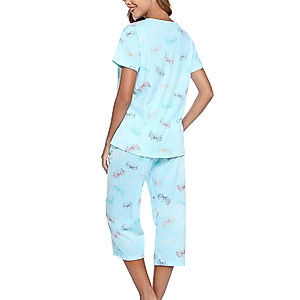 ENJOYNIGHT Womens Pajama Sets Cotton Pj Set Short Sleeve Top With Capri Pants Sleepwear 2 Piece Lounge Set(Medium,Flyyying)