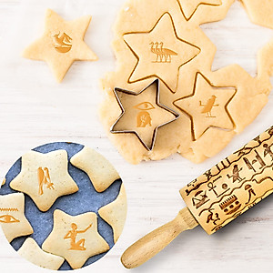 Rolling Pins for Baking Egypt Hieroglyphs Engraved Embossing Rolling Pin 15 Inches Embossed Rolling Pin Kitchen Tools for Egyptian Theme Baking Embossed Cookies for Women Mom Birthday Gift