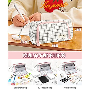 Large Capacity Pencil Case Pen Bag, Pencil Bag Stationery Storage Pencil Pouch, Handheld Makeup Pouch Holder Multi-Compartment Organizer College School Office Supplies for Teen Christams Gift(Grid)