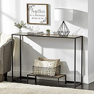 mDesign Modern Wood Inlay Console Table - Sturdy Metal Frame, Wood Top - Furniture Unit for Living Room, Bedroom, Hallway, Entryway - Inlay Bottom Shelf - Black/Gray Wash