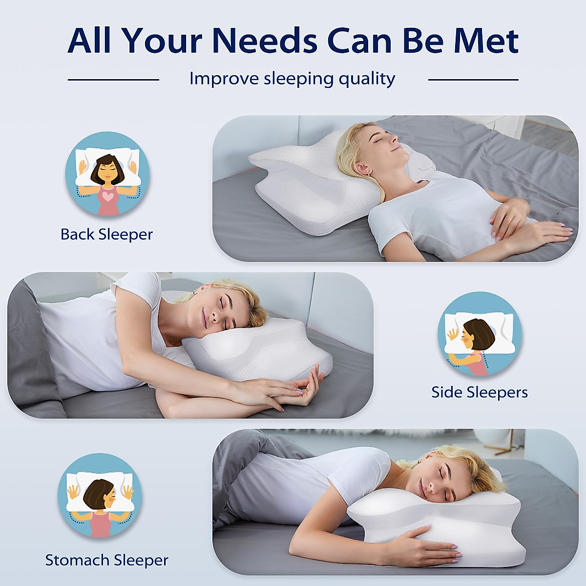 HOMCA Cervical Pillow for Neck Pain Relief, Ergonomic Neck Support Pillows for Sleeping, Orthopedic Memory Foam Neck Pillow for Side Back Stomach Sleepers with Soft Breathable Pillowcase