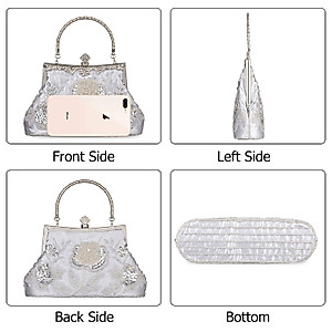 KISSCHIC Women's Handbag Vintage Rose Embroidered Beaded Sequin Evening Bag Wedding Party Clutch Purse (Silver)