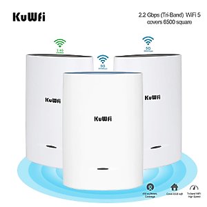 KuWFi 3-Pack Tri-Band Whole Home Mesh WiFi System with AC2200 Speed Gigabit Mesh WiFi 5 Router & Extender Replacement Covers up to 6500 sq.ft Tri-Band WiFi Mesh +2 Node
