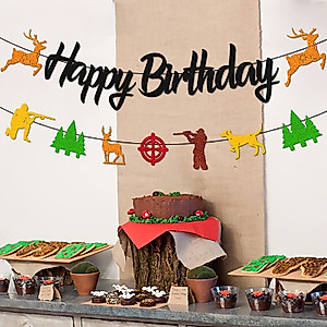 Ohiviaaa Deer Hunting Banner Gone Hunting Hunter Camping Themed for Kids Boy Girl Men Happy Birthday Party Supplies Black Glitter Decorations