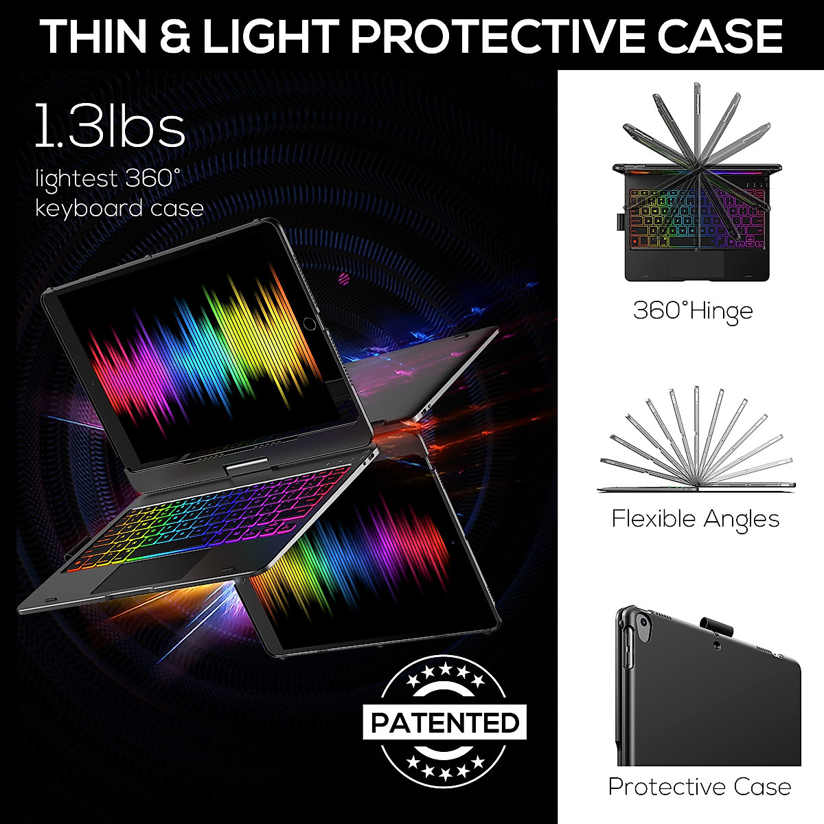 typecase Touch Ultra Case with Keyboard for iPad 9th Generation (10.2", 2021)- Trackpad, RGB Backlight, 360° Rotatable, Thin & Light for 8th Gen (2020), 7th Gen (2019), Air 3, Pro 10.5 (Black)