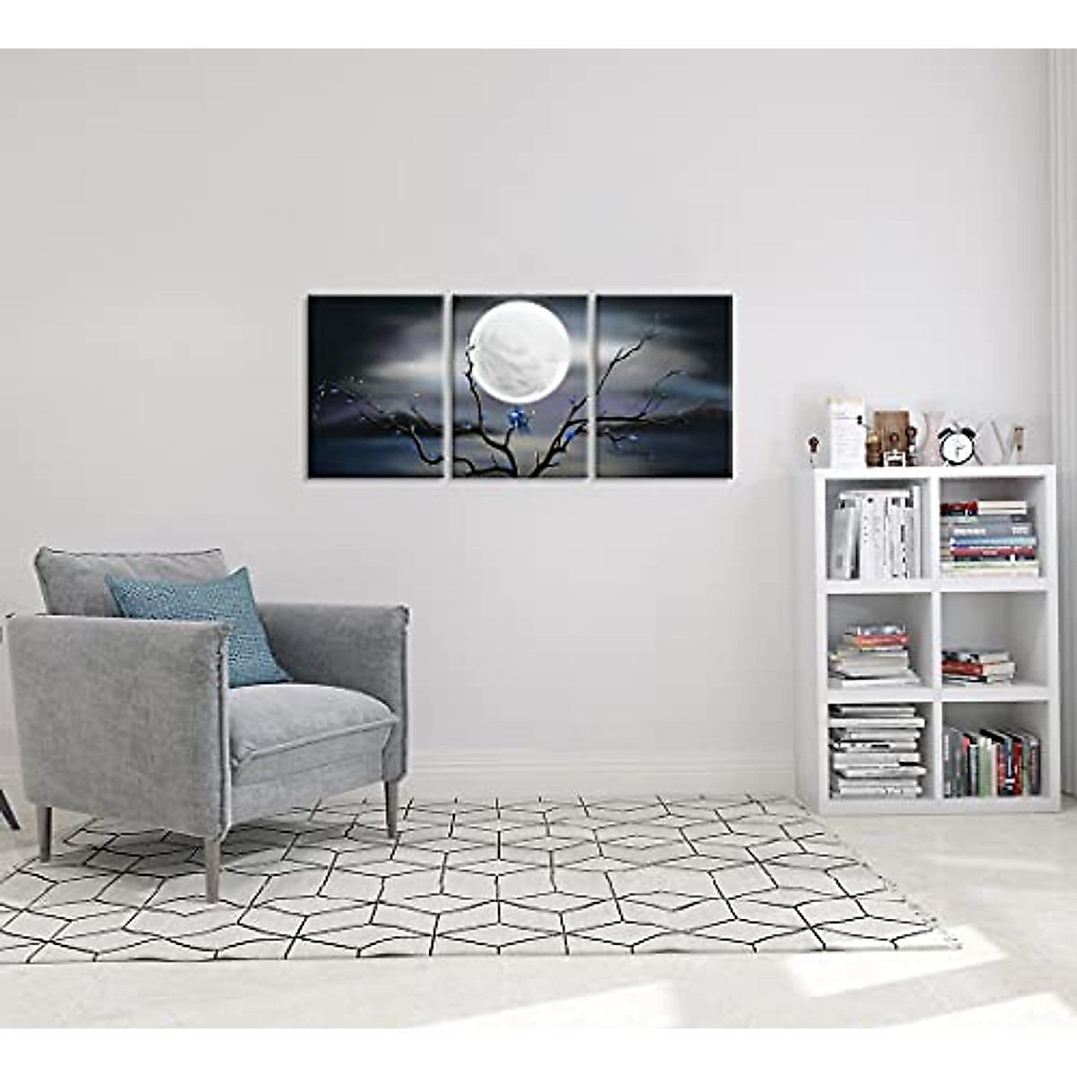 Zlove 3 Pieces Love Birds Tree Branch Canvas Wall Art Full Moon Blue Bird Tree Landscape Picture Print for Modern Home Bedroom Decor Stretched and Framed Ready to Hang 12x16inchx3pcs