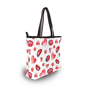 OTVEE Valentine Ladybug Pink Hearts Woman Tote Bag Top Handle Handbag for Work Travel - M Size