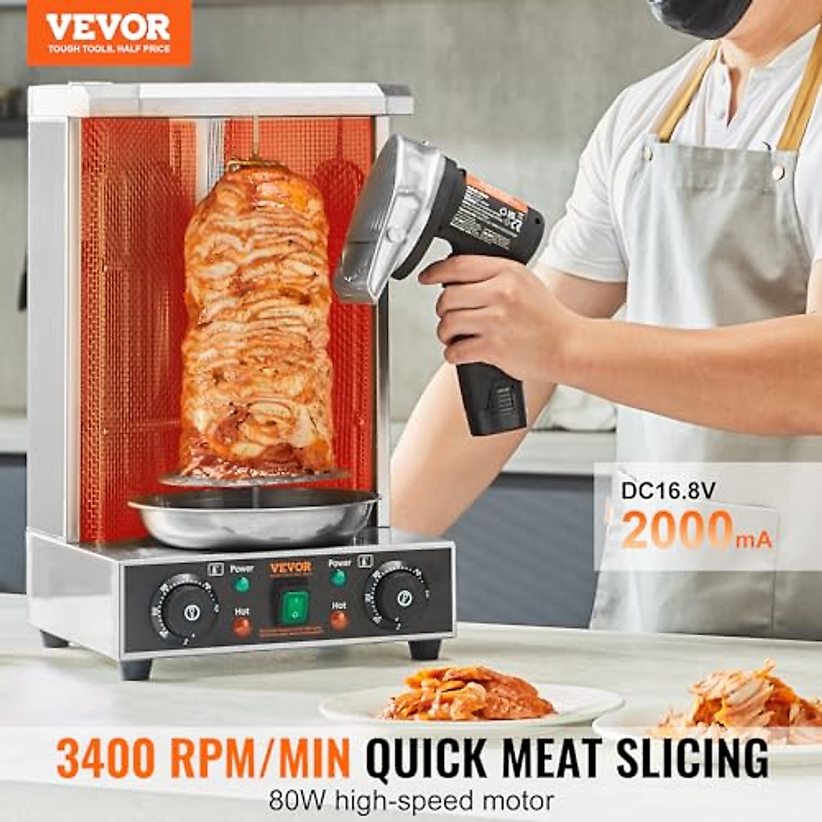 VEVOR Electric Shawarma Knife, 80W Cordless Battery Professional Turkish Knife, Commercial Stainless Steel Gyro Cutter, Doner Kebab Meat Slicer with 2 Blades, Φ4/100mm, 0-8mm Adjustable Thickness